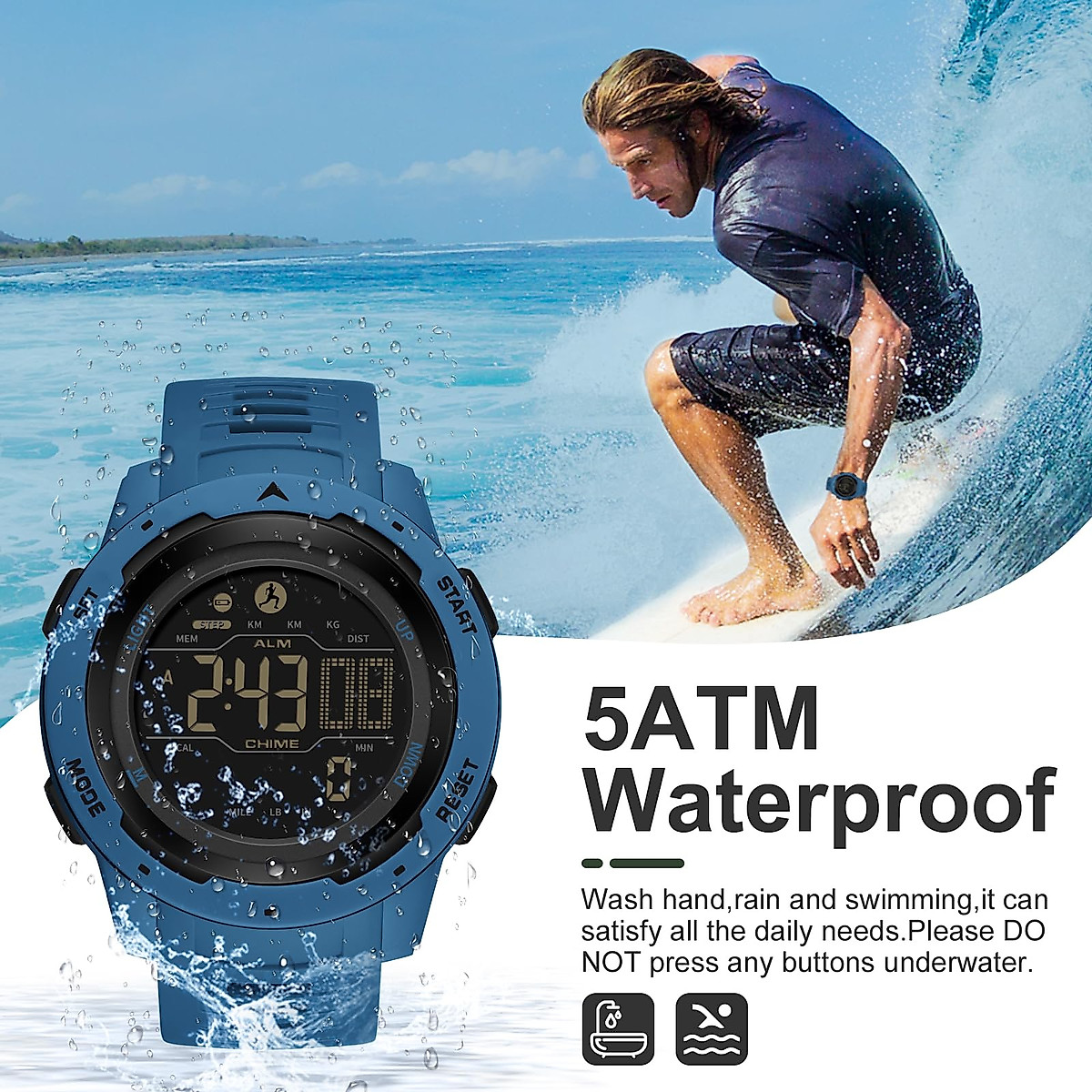 findtime Men's Digital Watch Waterproof Pedometer Watches Sport Watch Step Counter Calorie Military Watch with Stopwatch Alarm LED Backlight Countdown