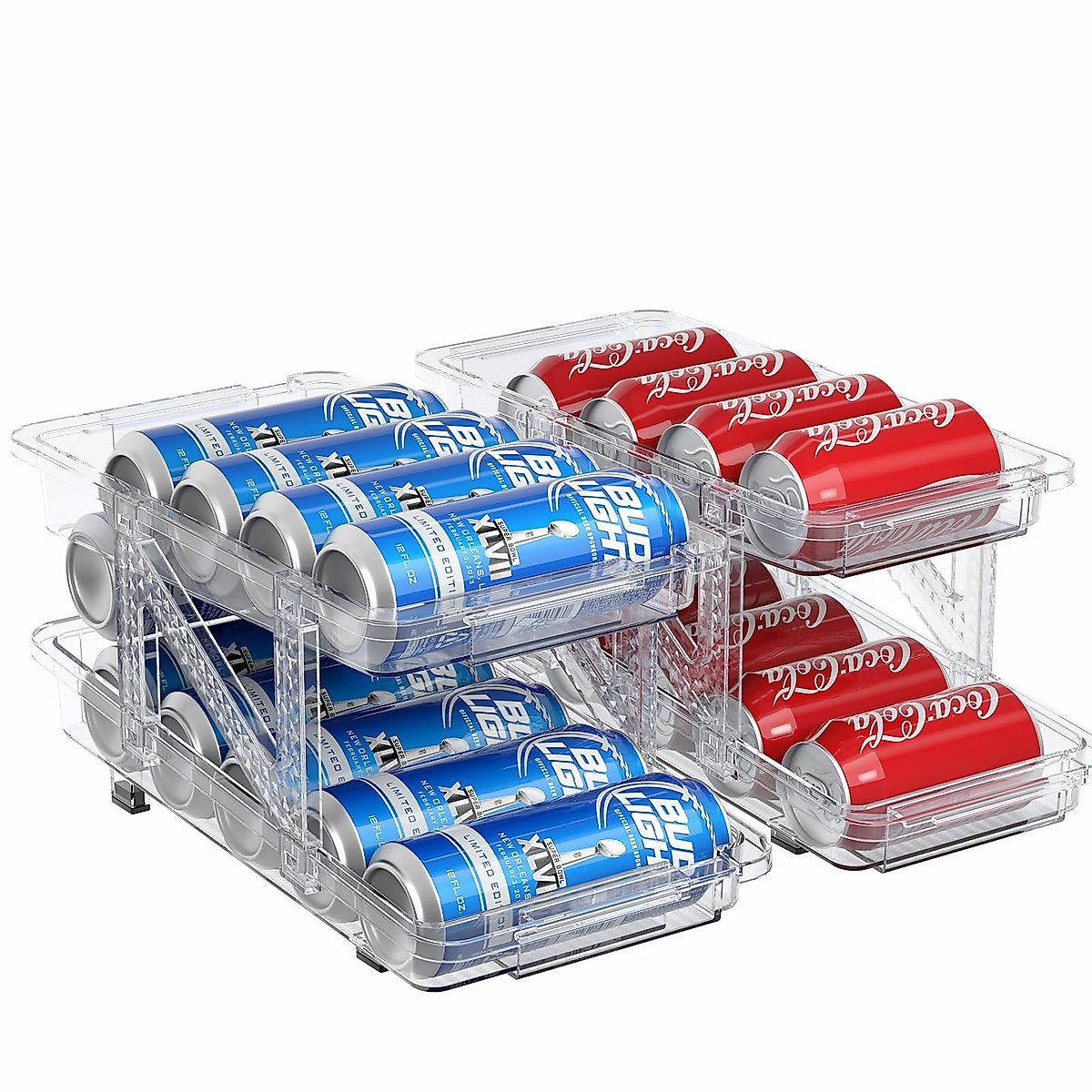 LAMU Soda Can Dispenser for Refrigerator, Set of 2 Adjustable Width Soda Can Organizer 2-Layer Beverage Pop Can Holder Drink Organizer for Fridge, Pantry, Cabinet, Countertop, Clear