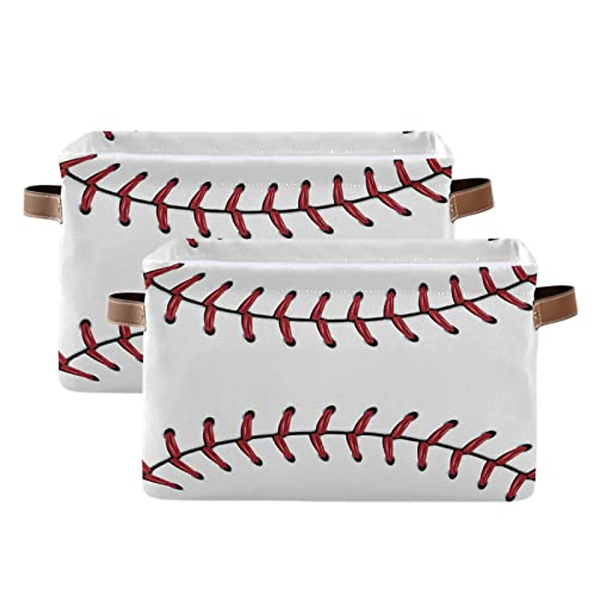 Softball Baseball Lace Rectangular Storage Basket Storage Bin Collapsible Storage Box with Leather Handles Empty Gift Baskets Organizer for Office, Office
