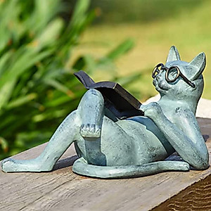 Faruxue Cat Statues Garden Decor - Literary Cat Resin Ornaments Garden Statue Decoration Reading Cat Craft Cat Wearing Glasses Sculpture for Patio Yard Lawn Home Office,18X8X5CM