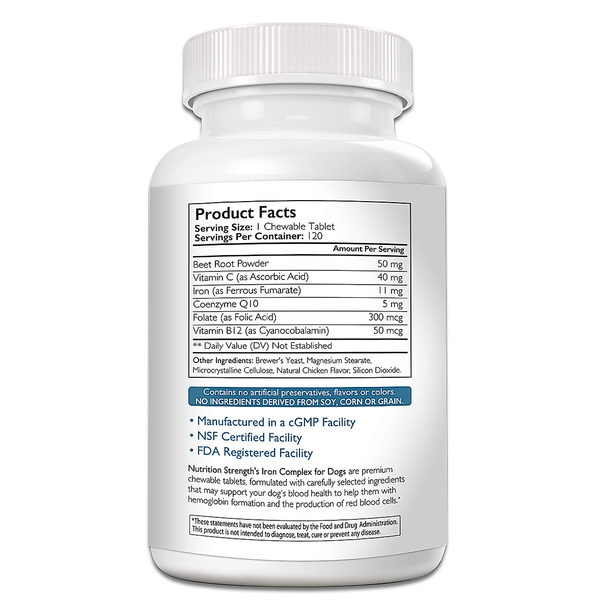 Nutrition Strength Iron for Dogs with Anemia to Support Blood Health, Blood Cell Formation & Oxygen Supply, Iron Supplement for Anemic Dogs + Vitamin C, Folate, Vitamin B12, 120 Chewable Tablets
