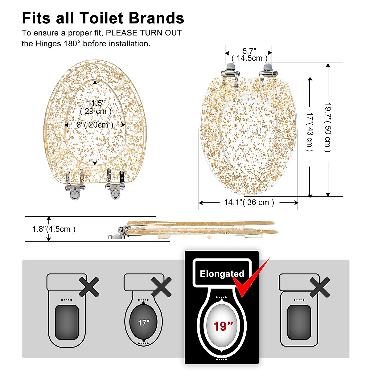 Resin Toilet Seat Elongated Soft Close Quick Release Heavy Duty Toilet Seats with Glitter Cover Acrylic Seats Gold Foil 19 Inch