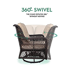 VIVIJASON 3-Piece Patio Wicker Conversation Bistro Set Cushioned, Outdoor Glider Swivel Rocking Chairs Rattan Furniture Sets with Thickened Cushion and Glass-Top Coffee Table, Beige Cushion
