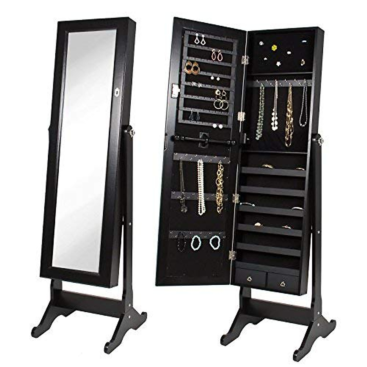Black Mirror Jewelry Cabinet Armoire W/Stand Mirror Rings, Necklaces, Bracelets (Black)