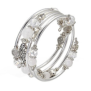 FULU AUTUMN Stackable Beaded Bracelets for Women Boho Wrap Silver Bracelet Layered Fashion Jewelry Gifts for Her(White)