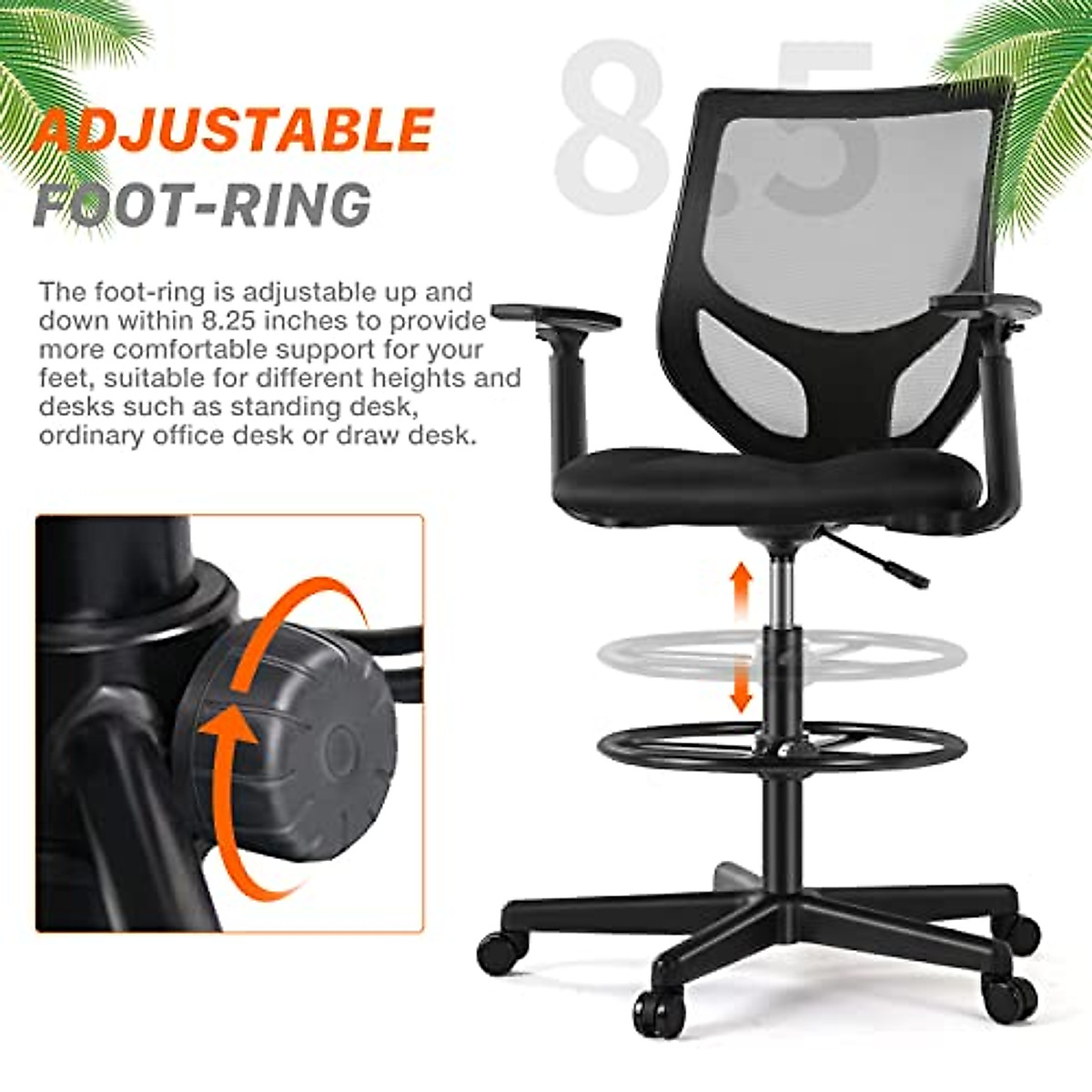 AFO Drafting Mid-Back Mesh Tall Office Stool Chairs with Armrest Adjustable Foot Ring for Standing Desk, Black