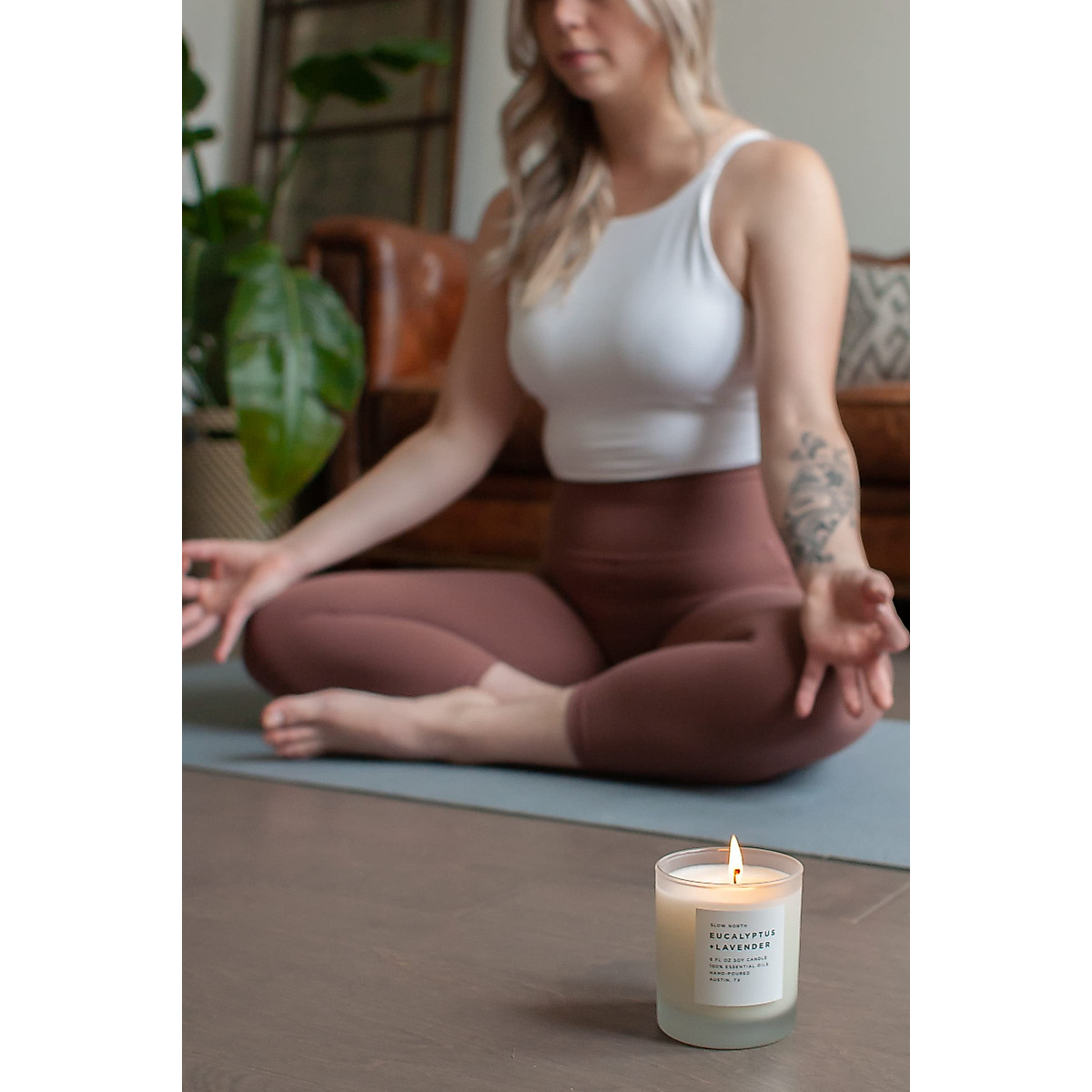 Eucalyptus + Lavender Candle - Essential Oils and 100% Pure Soy Wax Candle in a Reusable Frosted Glass Jar - A Unique and Mindful Scented Candle Hand-Poured in The USA (8 oz)