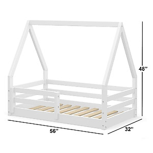 Eden Home Modern Solid Wood Toddler Floor Bed Frame with House Roof Canopy Rails in White