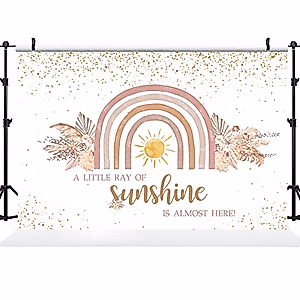 Ticuenicoa 5×3ft Boho Rainbow Baby Shower Backdrop A Little Ray of Sunshine is Almost Here Baby Shower Party Banner Wall Decorations Boho Pampas Glitter Dots Girls Baby Shower Background