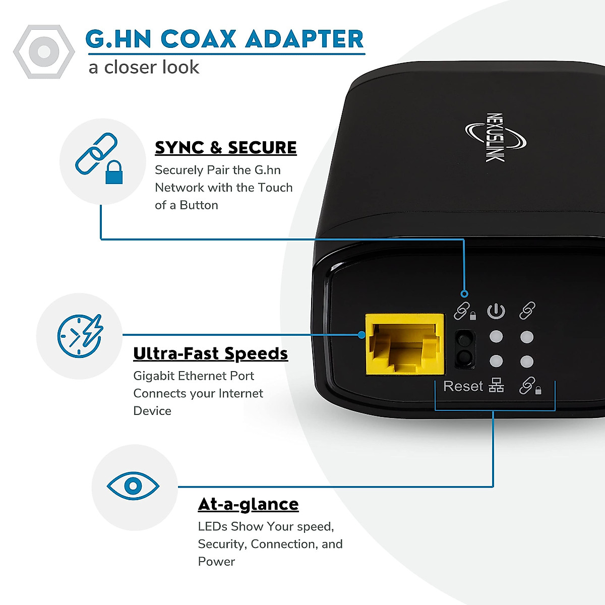 Nexuslink G.hn Ethernet Over Coax Adapter | 2000 Mbps, Fast and Secure Network Performance, Online Gaming and Streaming in Hard-to-Reach Locations, 2 Units (GCA-2000-KIT)