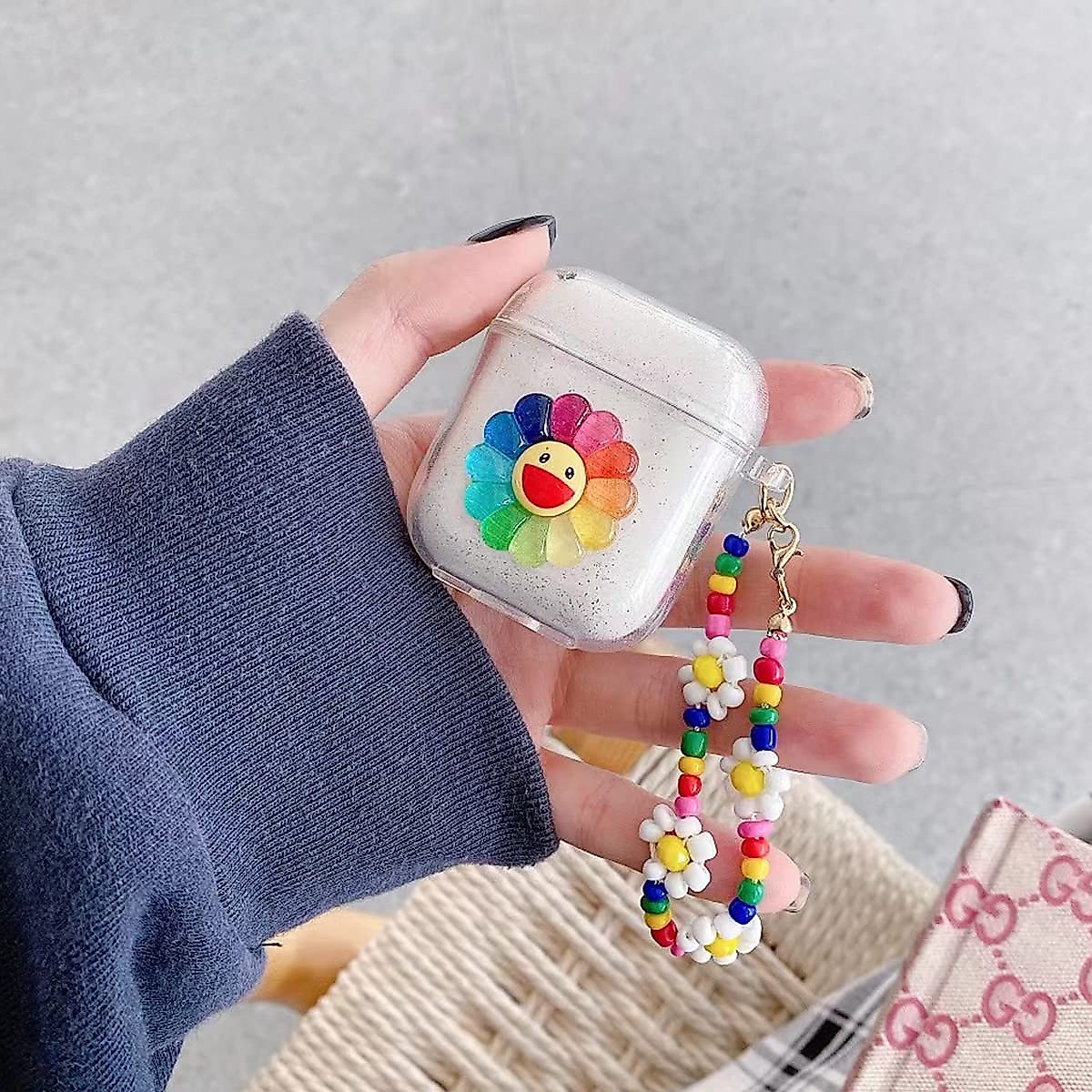 Cute AirPod Case Smile Sun Flower Bracelet Design Soft Clear Glitter Protective Cover for AirPods 1st & 2nd Generation Case
