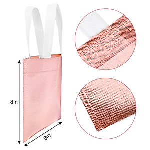 Whaline 24 Pieces 8''x8'' Non-Woven Small Party Bags, Gift Bags, Reusable Candy Goodie Bags, DIY Craft Bags, Glossy Tote Bags for Birthday, Holiday, Event (Rose Gold)