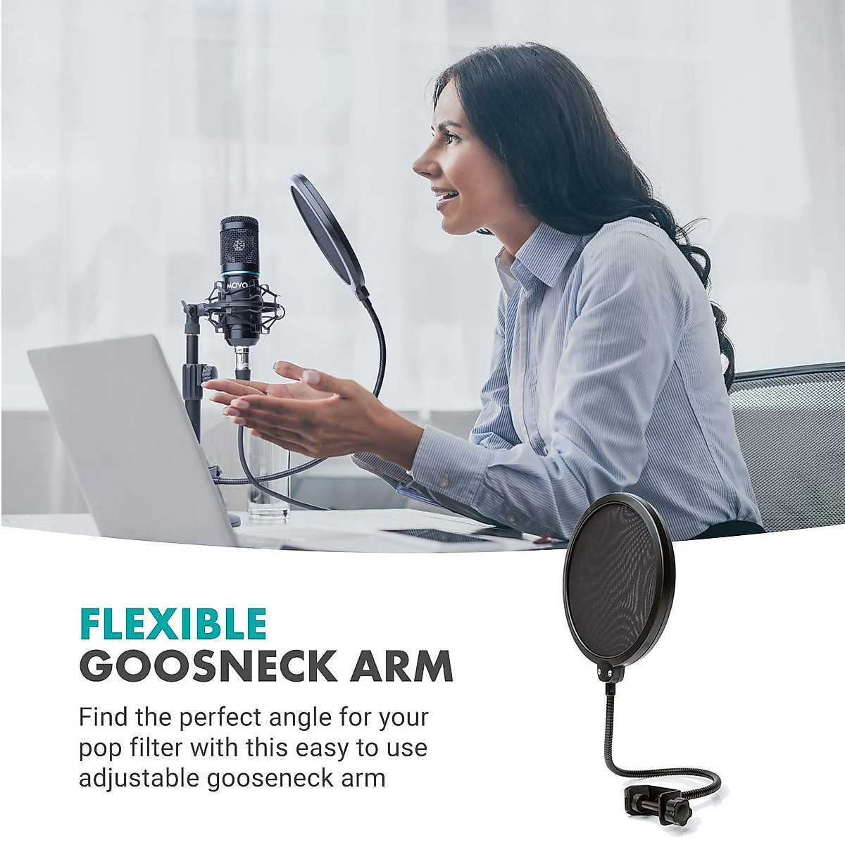 Movo PF-6 Dual Layer Nylon Mesh Microphone Pop filter, Gooseneck Arm and Clamp Mount. Pop Filter Delivers Professional Sound Quality Compatible with Blue Yeti, Blue Snowball Microphones and more