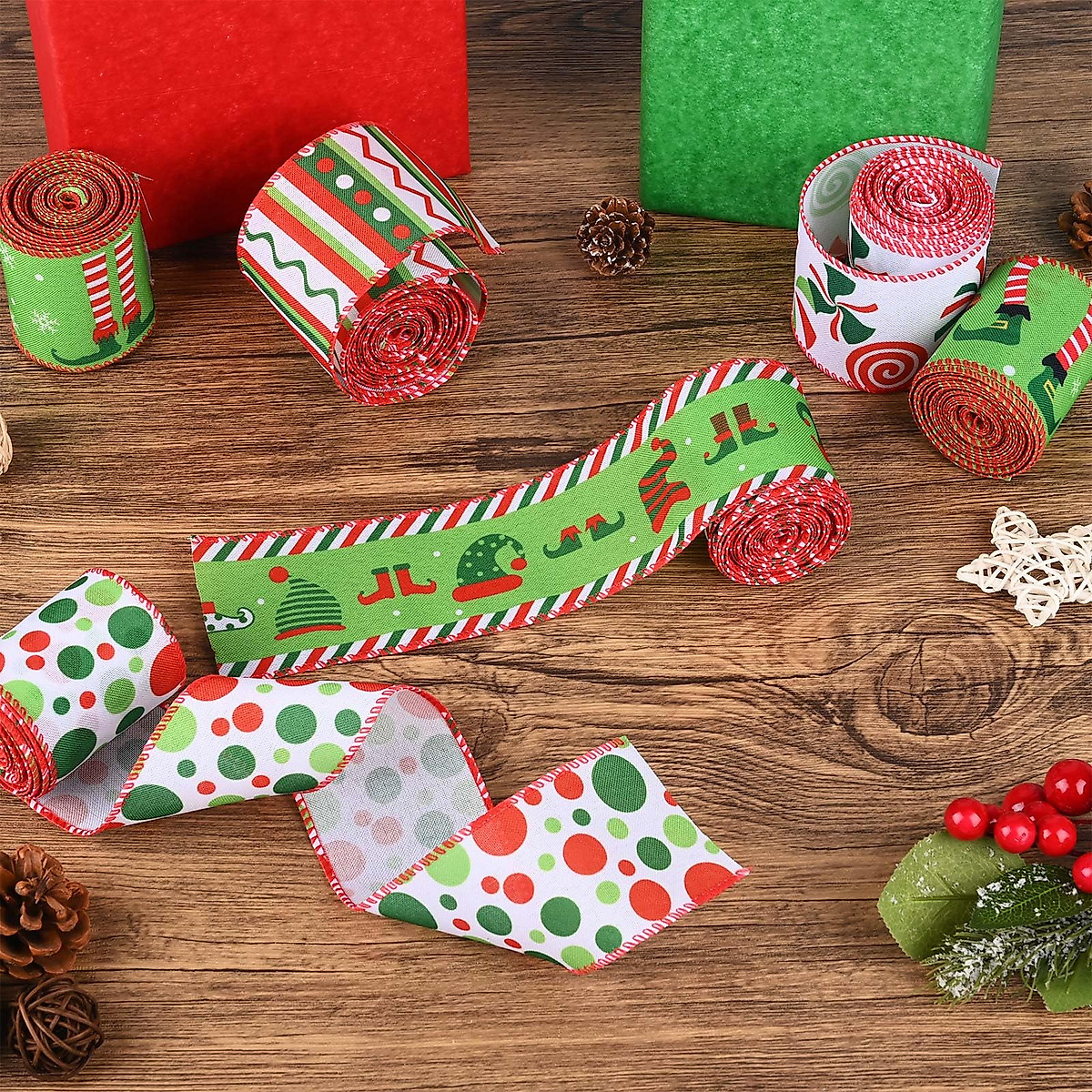 Honic 6 Rolls 30 Yards Christmas Elf Wired Edge Ribbon Elf Hats Legs Multi Dots Stripes Swirl Diagonal Decorative Ribbon for Gift Wrapping Xmas Tree Wreath DIY Crafts