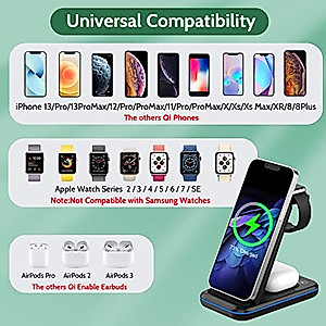 Wireless Charging Station,3 in 1 Fast Wireless Charger Stand Qi-Certified Foldable Charging Stand Dock for iPhone13/12/11/Pro/Max/X/XS, Airpods Pro/3/2/,iWatch Series 2-7 (with Adapter)