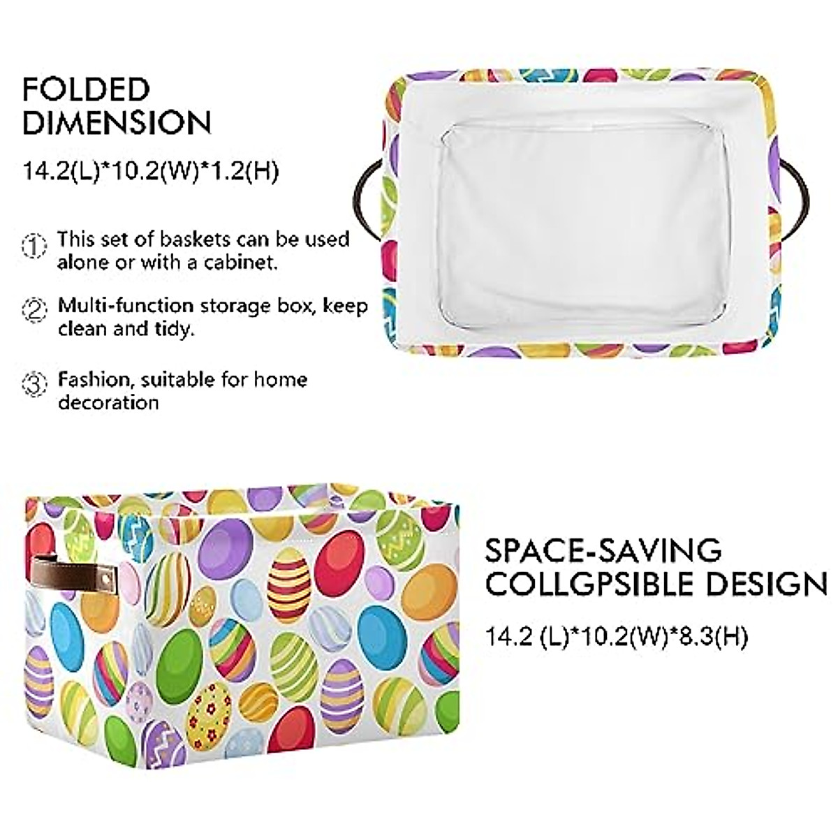 Large Foldable Storage Basket,Colored Easter Eggs Storage Bin Fabric Collapsible Organizer Bag with Handles 15x11x9.5 inch