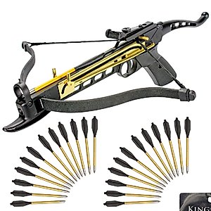 KingsArchery Self-Cocking Crossbow Bundle with Adjustable Sights, Spare Crossbow String and Caps, 27 Aluminim Arrow Bolt Set