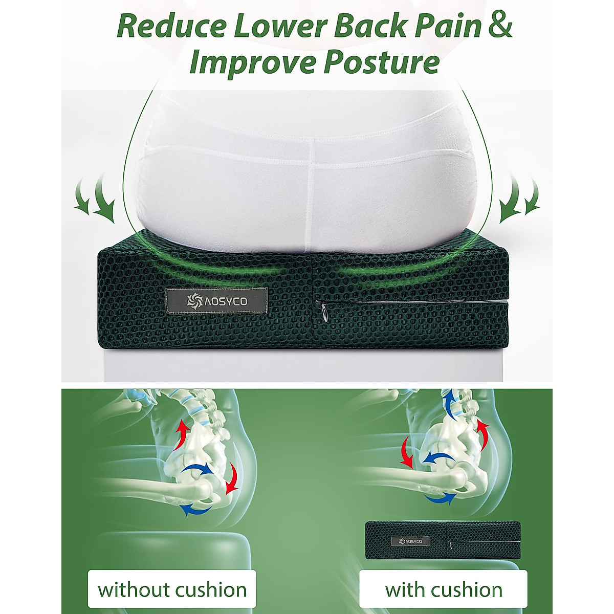 AOSYCO 4D Airflow Seat Cushion, Long Sitting Office Chair Pad, Pressure Relief Cushion Butt Lumbar Back Support, Extremely Easy Cleaning for Wheelchairs, Outdoor Patio with Covers, 1in (Height)