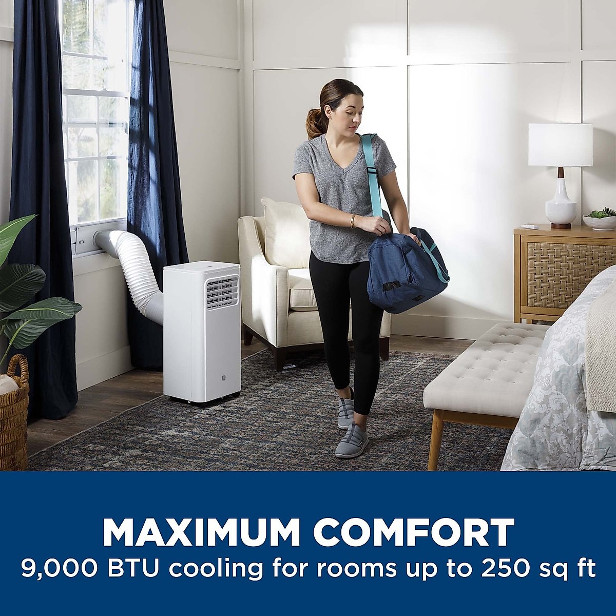 GE Portable 3-in-1 Air Conditioner with Dehumidifier and Fan, 9,000 BTU, Cooling for 250 sq ft rooms, Includes Remote, Vent Hose and Easy Window Install Kit, WiFi & SMART Connected, White