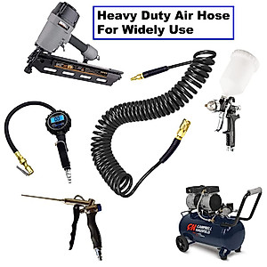 YOTOO Polyurethane Recoil Air Hose 3/8" Inner Diameter by 25' Long with Bend Restrictor, Repairable 1/4" Industrial Quick Coupler and Plug, Gray