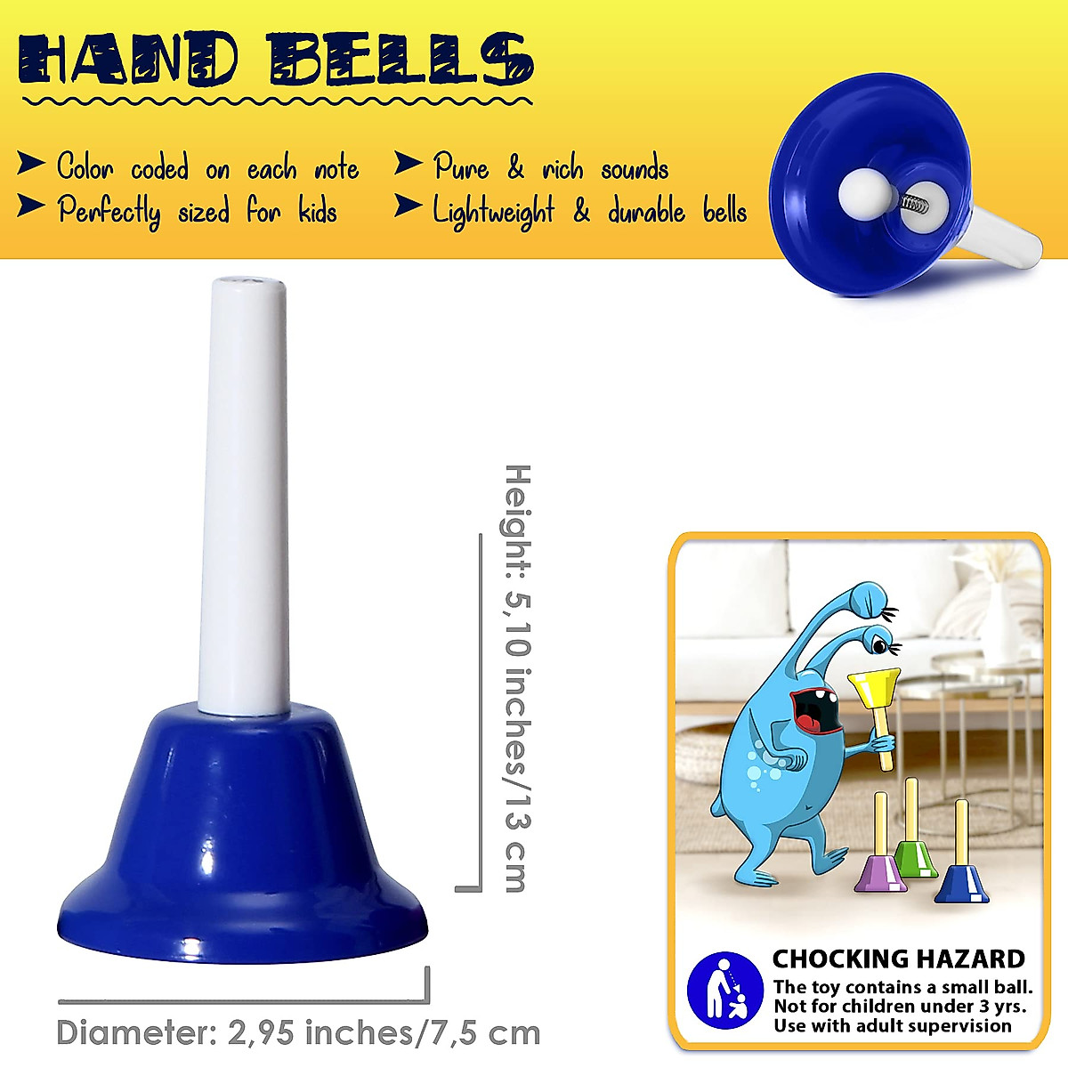 MINIARTIS Hand Bells for Kids | Educational Music Toys for Toddlers 8 Notes Colorful Handbells Set | Kids Musical Instrument with 15 Songbook | Great Birthday Gift for Children