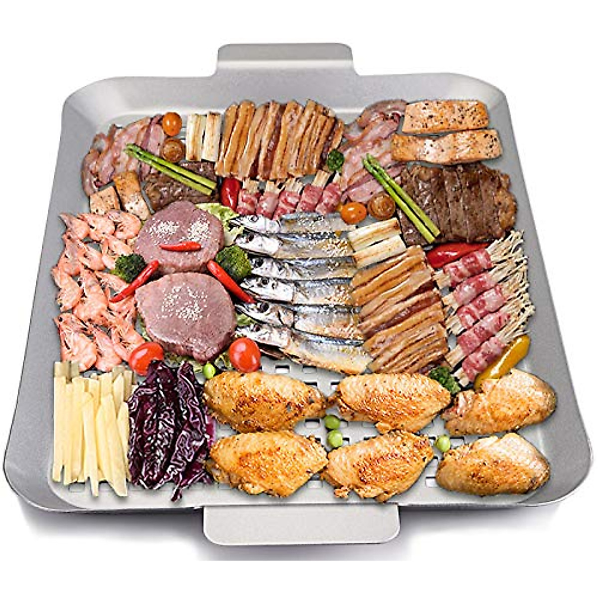 Nicunom 2 Pack BBQ Grilling Pan, Stainless Steel Grill Topper with Handles Non-Stick Barbecue Grill Work Grill Cookware for Meat, Vegetables & Seafood