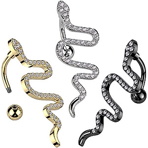 316L Surgical Steel Top Drop CZ Pave Snake Belly Button Ring (Black)
