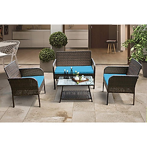 STP-Y 4 Pieces Outdoor Patio Furniture Set All-Weather Wicker Sofa Set Rattan Chair with Tempered Glass Table, Cushioned Seats Conversation Sets, Blue (Color : Blue)