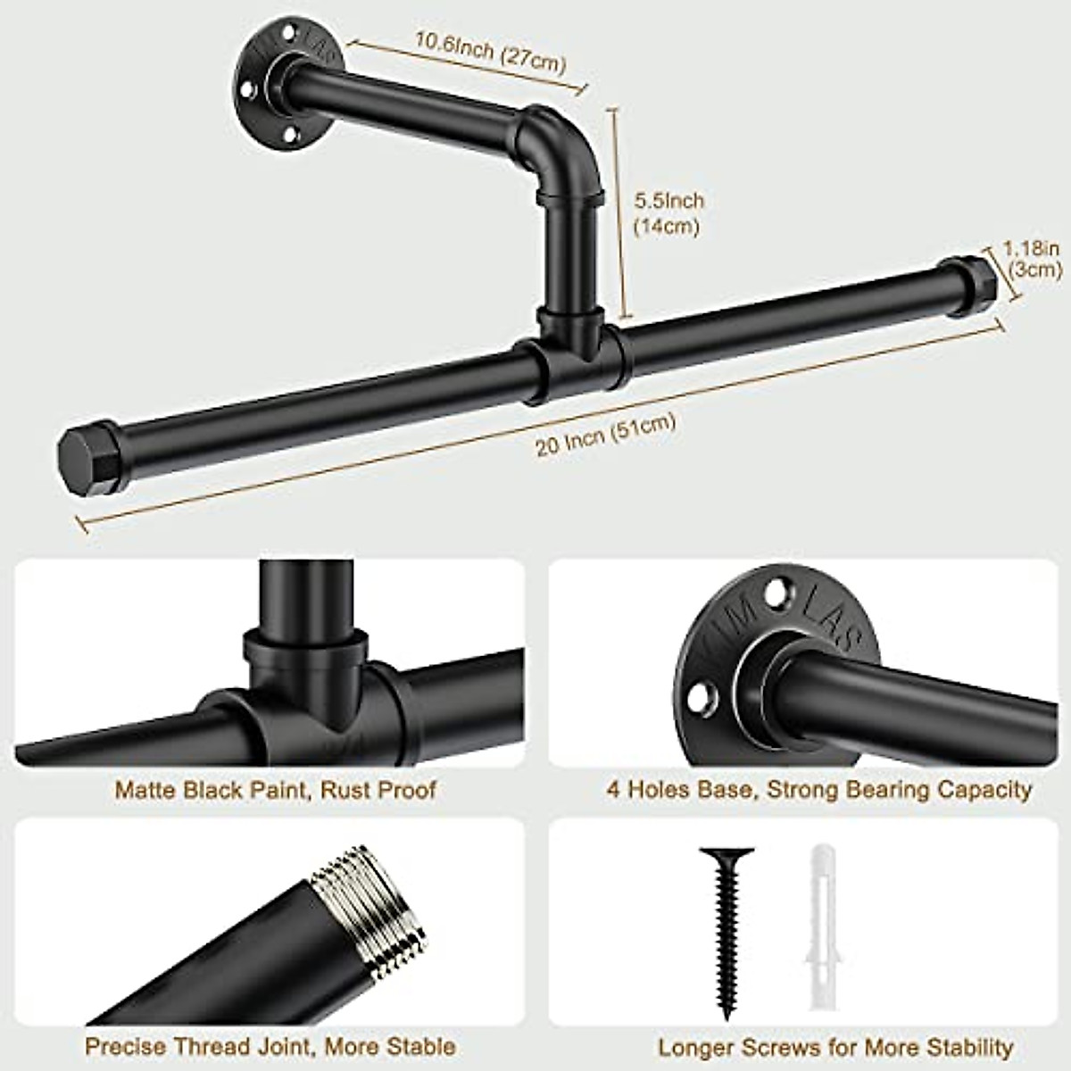 FANHAO Industrial Pipe Clothes Rack, Heavy Duty Rustic Detachable Wall Mounted Clothing Rack Black Iron Garment Bar, Multi-purpose Hanging Rod for Closet Storage, 2 Pack