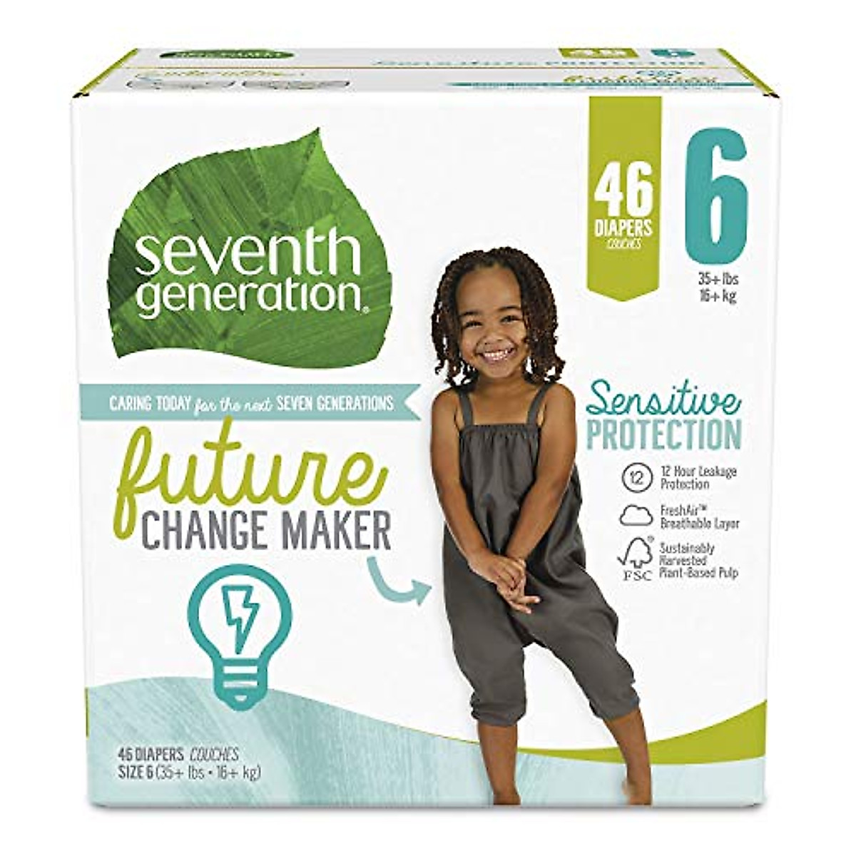 Seventh Generation Baby Diapers, Size 6, 46 Count, Super Pack, for Sensitive Skin
