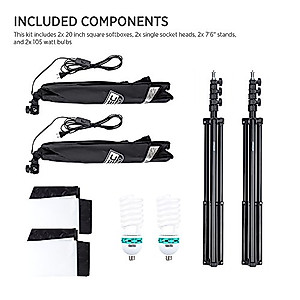 Fovitec 2-Light High-Power Fluorescent Studio Lighting Kit, 20"x20" Quick Setup Softboxes, 105W Bulbs & Light Stands for Portraits, Product Photos, Vlogging, Video Conferencing, & Live Streaming