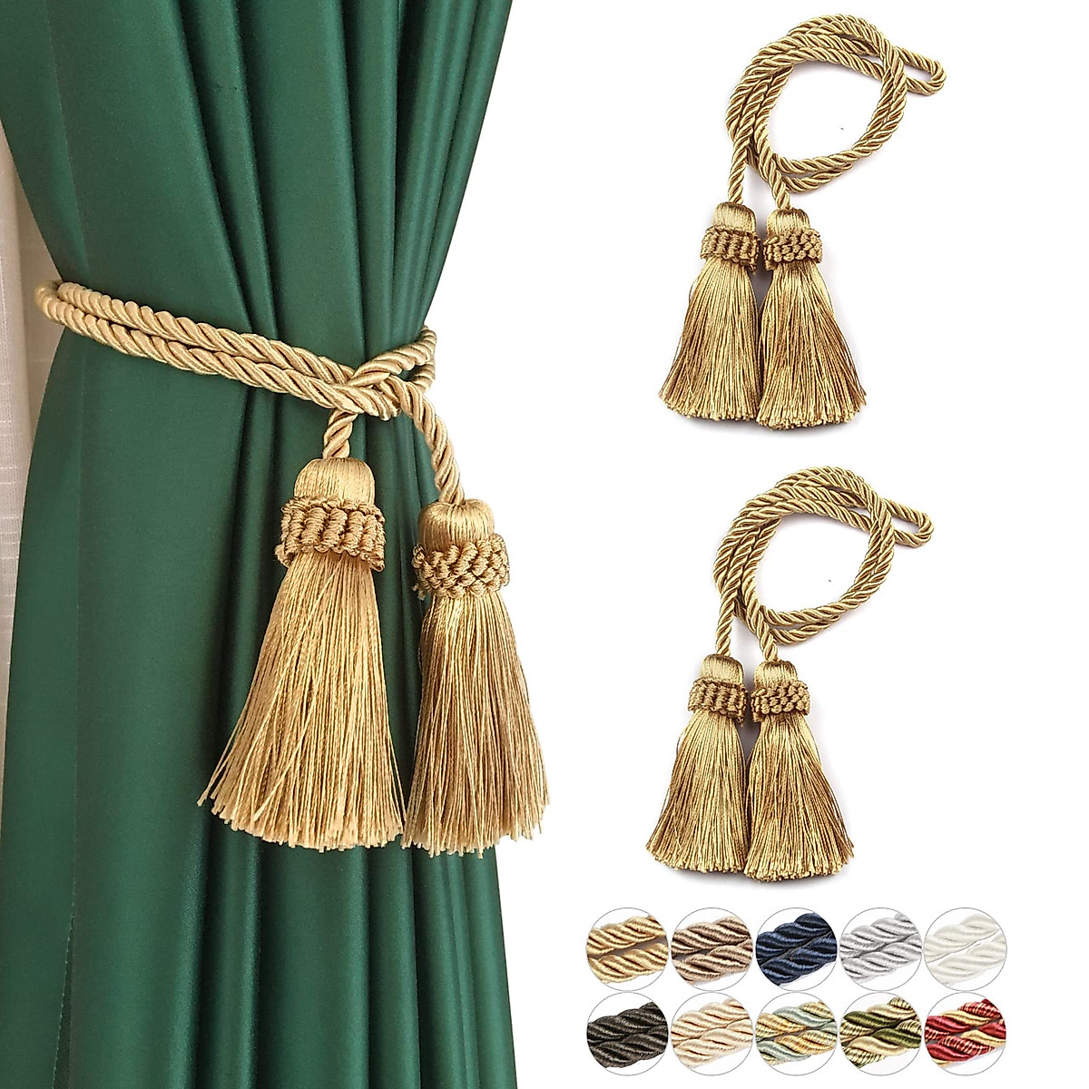 Fenghuangwu Curtain Tiebacks Handmade Decorative Curtain Holdbacks Rope with Tassel (Gold, 2P)