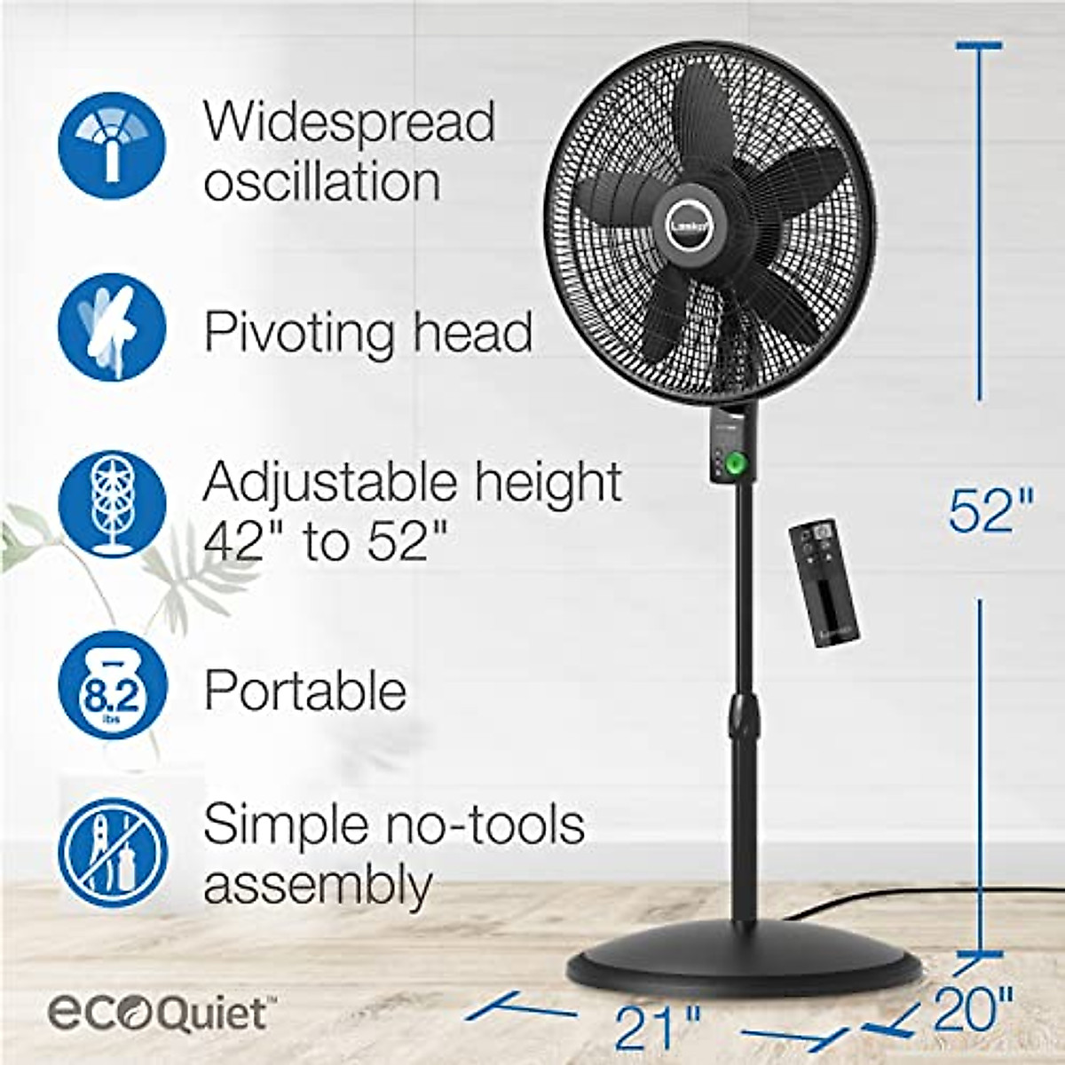 Lasko Oscillating 18-inch EcoQuiet DC Motor 12-Speed Pedestal Fan with Remote Control, Black, S18708, Large