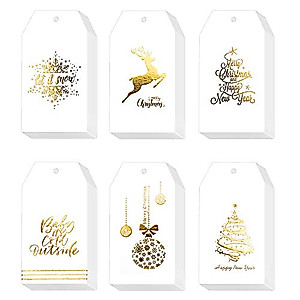 Whaline 120 Pcs Christmas Gold Foil Paper Gift Tags Holiday Hang Name Tags Label with Twine for DIY Xmas Present Happy New Year Party Decoration