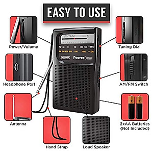 PowerBear Portable Radio | AM/FM, Battery Operated, Long Range (Black,Silver)