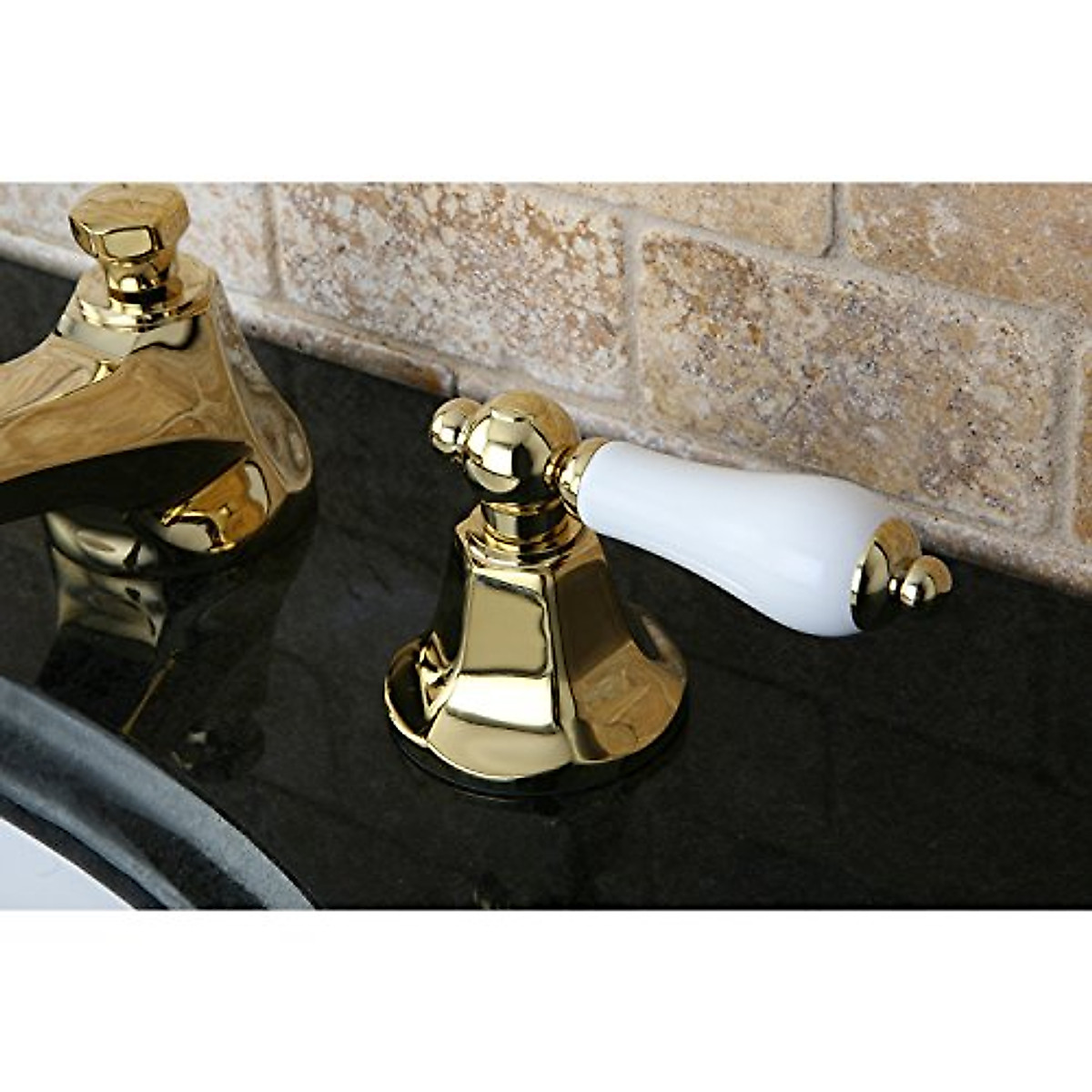 Kingston Brass KS4462PL Metropolitan Widespread Lavatory Faucet with Porcelain Lever Handle, Polished Brass, 8-Inch Adjustable Center