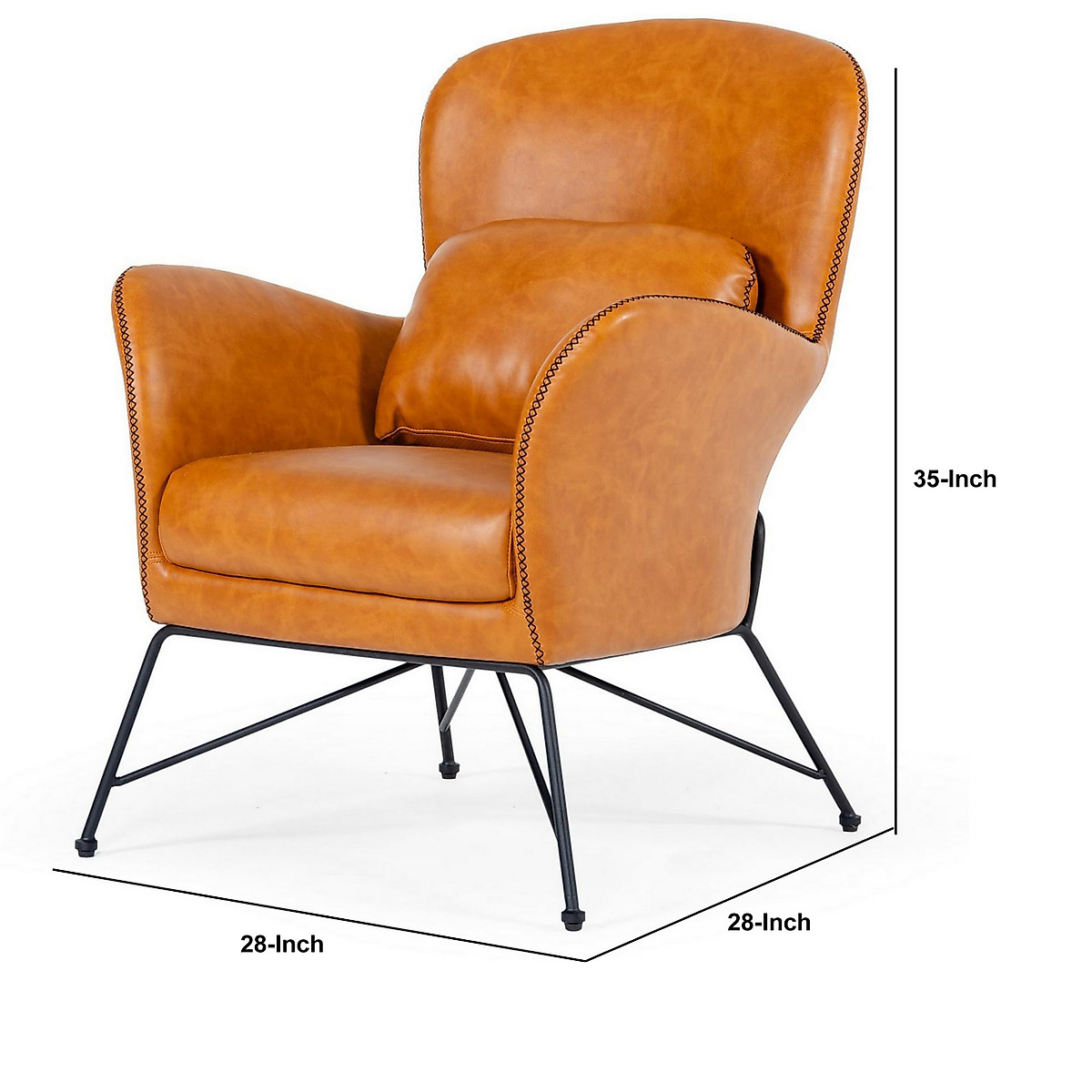 Benjara 35 Inch Accent Chair, Brown Faux Leather, Stitched Details, Metal Legs, Gray