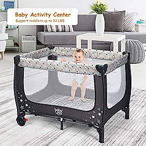 BABY JOY Foldable Baby Playard, Double Layer Pack and Play with Breathable Mattress, Lightweight Installation-Free Home Baby Playpen with Carry Bag, Portable Travel Crib from Newborn to Toddlers