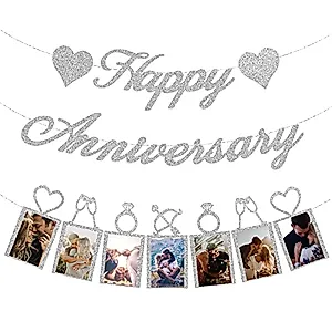 Happy Anniversary Party Decorations - Silver Happy Anniversary Banner and Photo Banner for Wedding Anniversary Party decor (Silver)