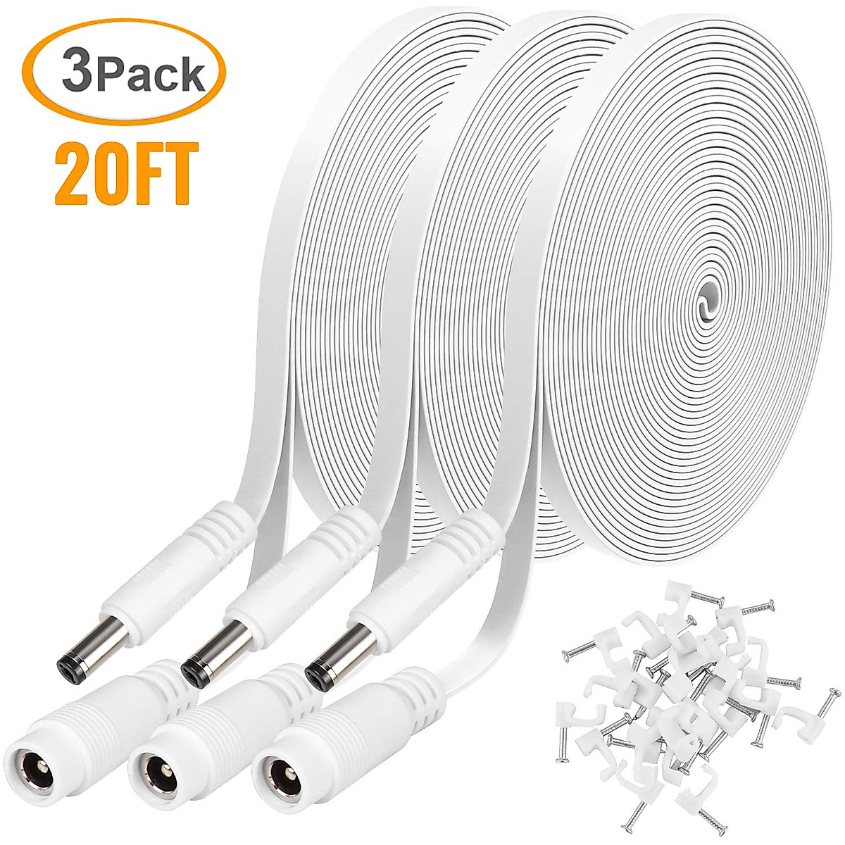 3 Pack DC Power Extension Cable 20ft 2.1mm x 5.5mm Compatible with 12V DC Adapter Cord for CCTV IP Camera, LED, Car - White