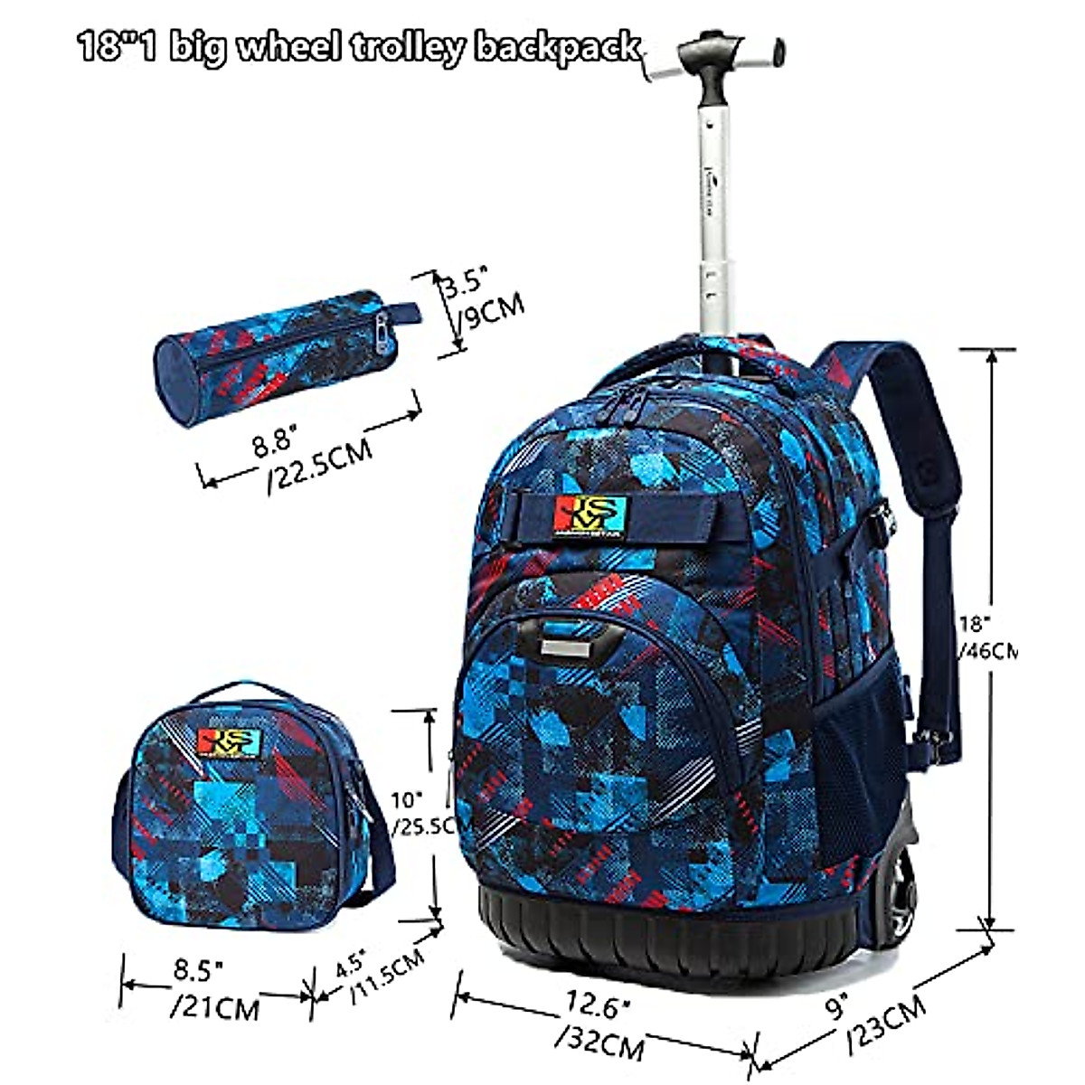 Egchescebo Kids 3PCS Rolling Backpack 18" for Boys with Lunch Bag Pencil Case School Bags Wheeled Backpack Travel Kids' Luggage Wheeled Bags Trolley Fashion Space Starry Sky Printed Durable Bookbag with Big Wheels Blue