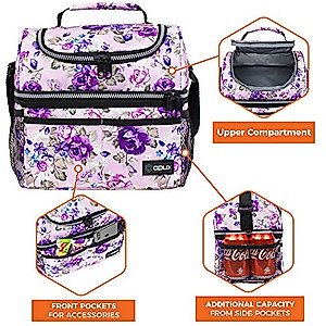 opux Lunch Box For Women, Insulated Large Lunch Bag Adult Work, Double Decker Lunchbox Meal Prep, Dual Compartment Leakproof Lunch Cooler, Soft Lunch Pail Tote for Girls Kids School, Floral Purple