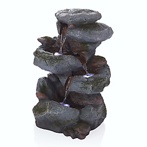 Alpine Corporation WIN582 Tall Outdoor 3-Tier Rock Waterfall Fountain with LED Lights, 15"L x 13"W x 22"H, Gray/Beige