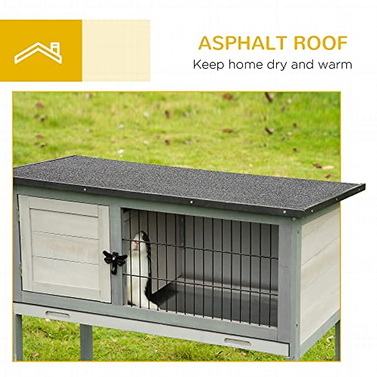 PawHut Elevated Wooden Rabbit Hutch, Indoor/Outdoor Bunny Cage with Hinged Asphalt Roof and Removable Tray for Guinea Pig, Grey