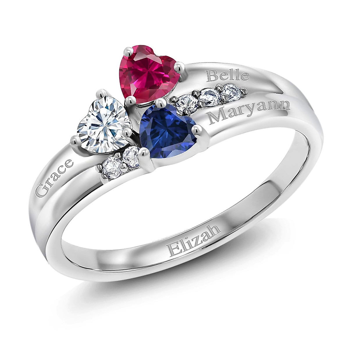Gem Stone King 925 Sterling Silver Customized and Personalized 3 Heart Shape Gemstone Birthstone Forever United For Her Engagement Promise Ring For Women (Size 8)