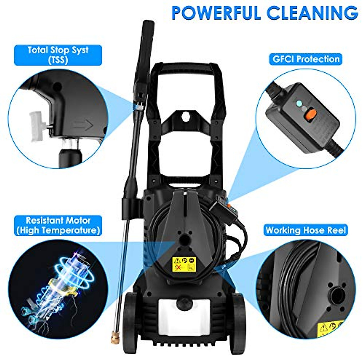 Electric Pressure Washer 1800W Power Washer with 5 Nozzles, Hose Reel, High Pressure Cleaner for Fences,Patios,Garden (Wisdom Grey)