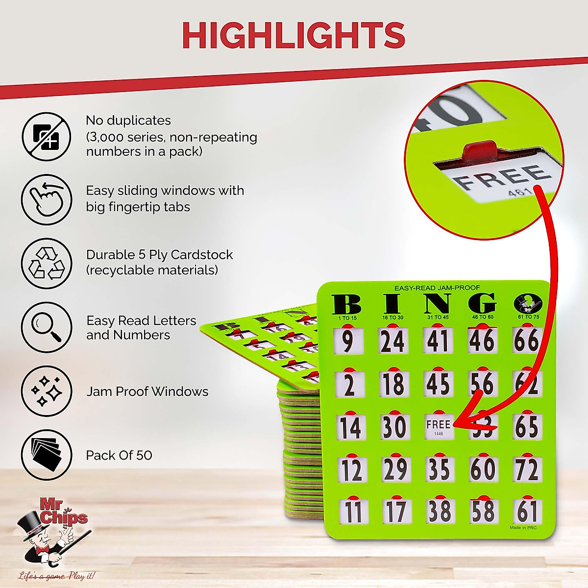 MR CHIPS Jam-Proof Easy-Read Large Print Fingertip Bingo Cards with Sliding Windows - 50 Pack in Green Style