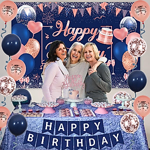 Navy Rose Gold Birthday Decorations Set for Women Girl Happy Birthday Decoration Banner Backdrop Balloon Cake Topper for 16th 18th 21st 50th 60th Birthday Party Supplies