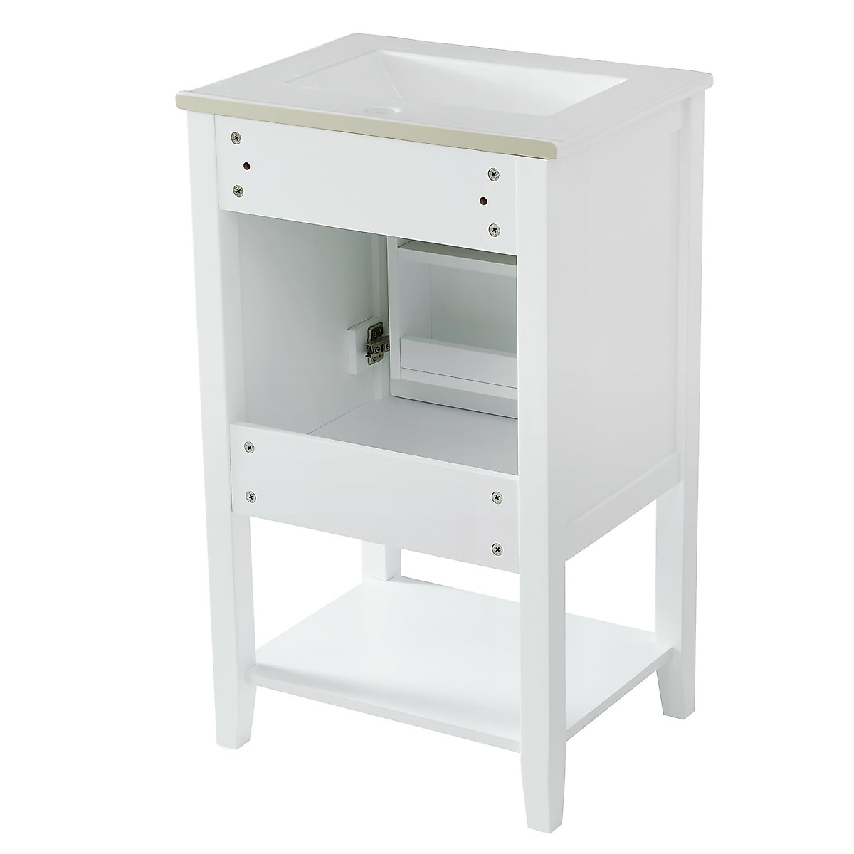 ANTSKU 20 Inch Small Bathroom Vanity with Sink Combo, Modern Single Sink Vanity with Top, Wood Bathroom Cabinet with Ceramic Sink, Soft Closing Door, Storage Rack and Open Shelf (White)