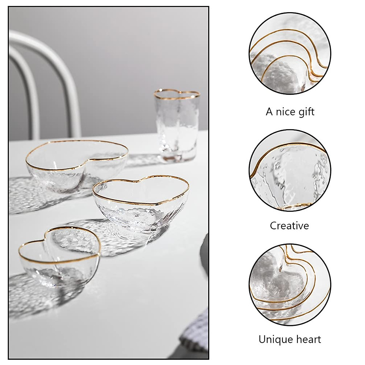 VOSAREA Glass Salad Bowl Heart- Shape Fruit Bowl Ice Cream Soup Bowl Candy Dishes Serving Bowl Plate Tableware for Desserts Pasta Dinner Snack Appetizer Popcorn